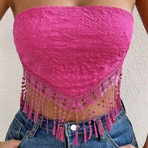 Tops | Pink Jacquard Print Lace Fringe Hem Handkerchief Tie Back Tube ...